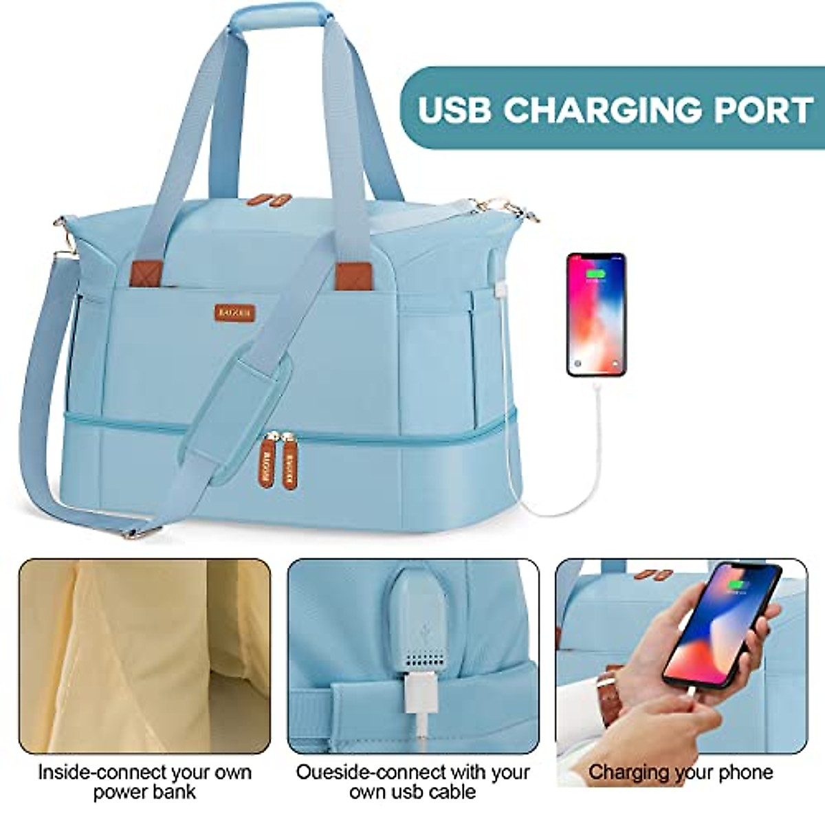 BAGODI Gym Bag for Women, Weekender Overnight Bag with USB Charging Port, Sport Travel Duffel Bag with Wet Pocket & Shoe Compartment, Carry on Tote Bag for Travel/Gym/School 5 Pcs Set