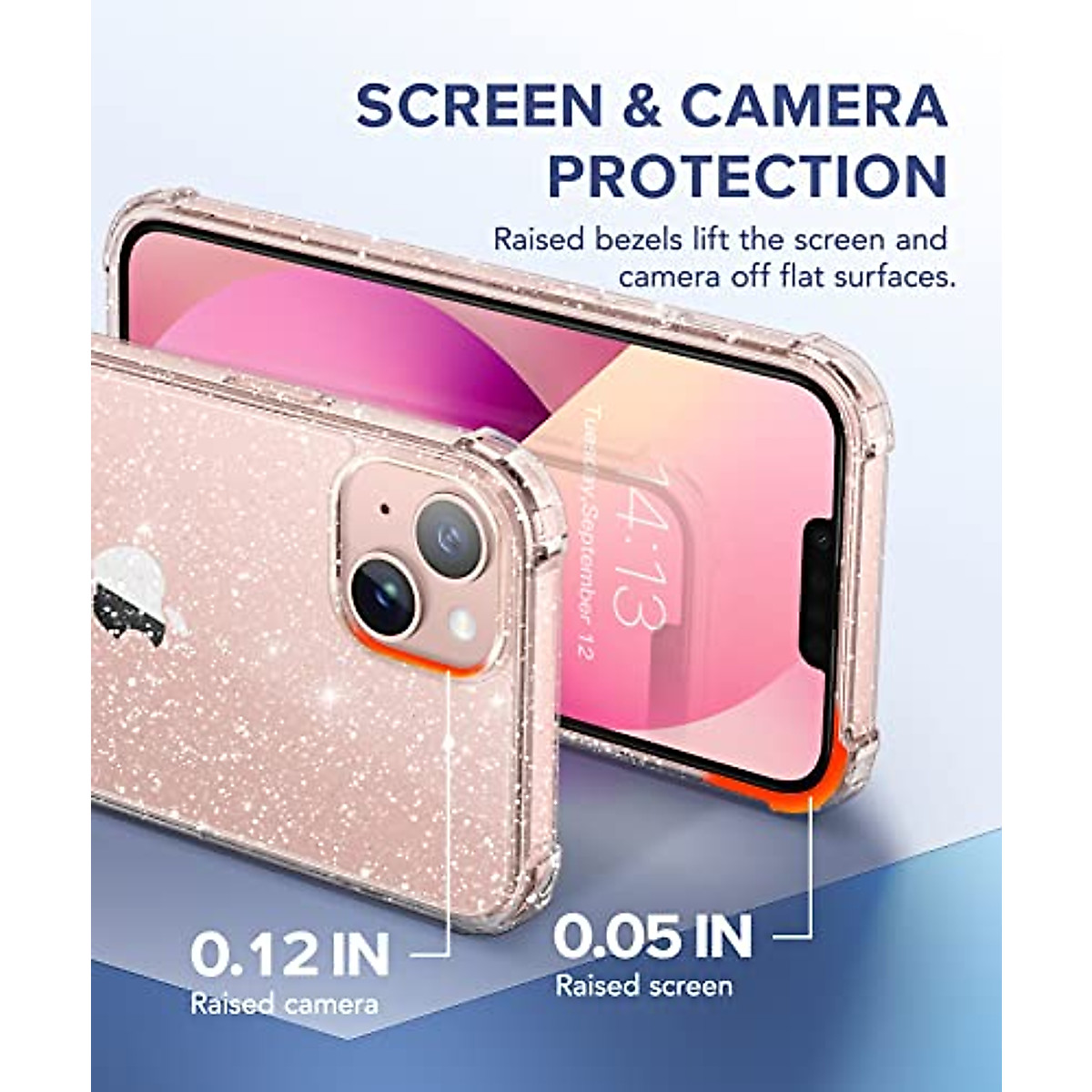 BERFY 5 in 1 for iPhone 13 Case Glitter, with 2X Screen Protector + 2X Camera Protector, [Not Yellowing] Sparkly Bling Shockproof Hard Back Slim Protective Phone Cover for Women, 6.1" (Glitter Clear)