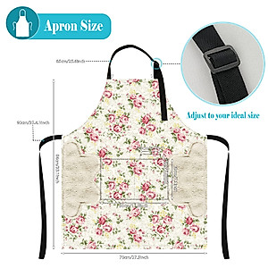 2 Pack Aprons for Women with 3 Pockets, Adjustable Waterproof Kitchen Bib Apron with 2 Towels for Chef Servers Grilling Cooking Baking, Plus Size Rose Flowers Aprons for BBQ Painting Gardening