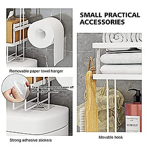 JOYKI Bathroom Over The Toilet Storage Shelf,2-Tier Bathroom Organizer, Restroom Organizers with Adhesive Base and Hooks,Anti-Tilt No Drilling Wall Mounting Rack Toilet Paper Hanger,White