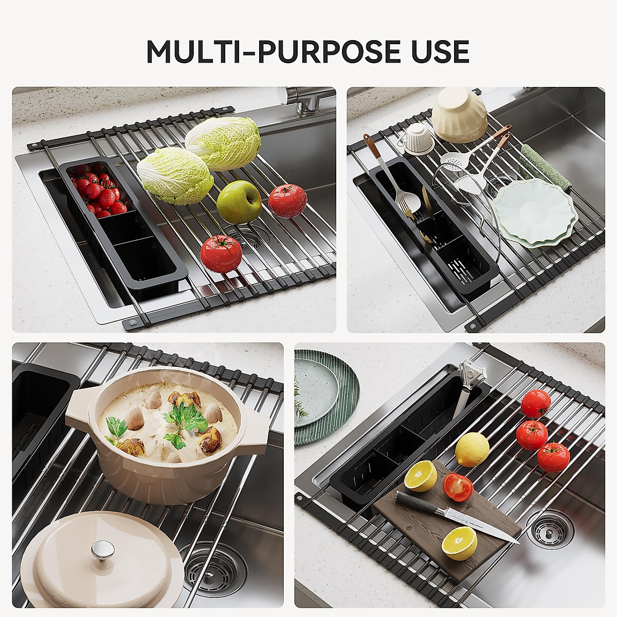 Yofidra Expandable Roll-Up Dish Drying Rack (Up to 19.6") with Expandable Storage Basket, Over-The-Sink Dish Drainer Drying Rack, Foldable Stainless Steel Kitchen Drainer - Black