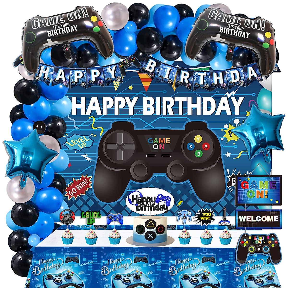 100 PCs Video Game Party Decorations, Hombae Blue and Black Video Game Birthday Decorations Backdrop Balloon Garland Banner Hanging Sign Tablecloth Cake Cupcake Topper Black Controller Go Win Game On