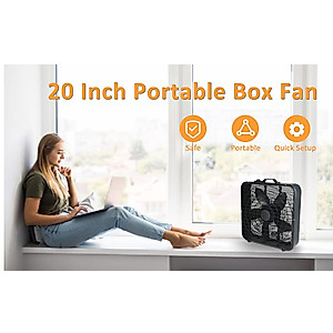 InfiniPower 20” Box Fan, 3-Speed Cooling Fan with Aerodynamic Shaped Fan Blades, Convenient Carry Handle and Safety Grills