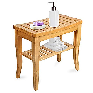 Widousy Bamboo Shower Bench Seat with Storage Shelf, Shower Chair Seat Bench Organizer for Indoor or Outdoor，Bathroom Decor