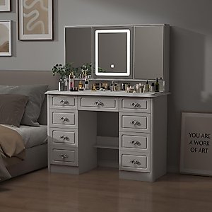MOUMON Large Vanity Desk with Open Mirror and Lights, Makeup Desk with Drawers and Shelves, Rose-Shaped Crystal Handles, Cushion Stool not Included, White (43.3”W x 18.1”D x 54.1”H)