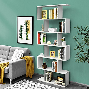 IFANNY 6 Tier S Shaped Bookshelf, Wooden Open Bookcase w/Anti-Tipping Device, Display Shelf Storage Organizer for Home, Office, Living Room, 31.5 x 9 x 75 inch