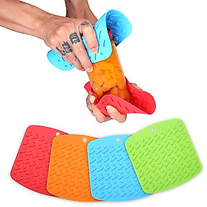 Aibrisk Silicone Trivet Mat Hot Pot Holders Hot Pads for Kitchen Non-Slip Heat Resistant Jar Opener Spoon Rest Garlic Peeler Potholders 4 Pack 7''x7" Modern Kitchen Tool