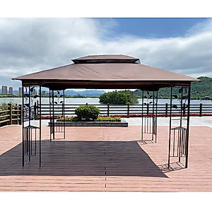 JINS&VICO 13x10 ft Gazebo Double Roof Canopy with Netting and Shaded Curtains, Outdoor Gazebo 2-Tier Hardtop Galvanized Iron Aluminum Frame Garden Tent for Patio, Backyard, Deck and Lawns, Brown