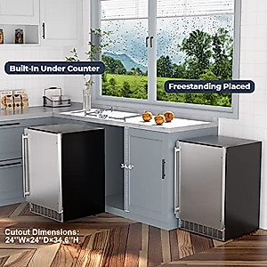 COTLIN 24 Inch Built-in Outdoor Refrigerator, 5.4 Cu.Ft Undercounter Beverage Fridge, 175 Cans Freestanding Stainless Steel Refrigerator for Residential Home Bar Commercial Use, ETL, Silver