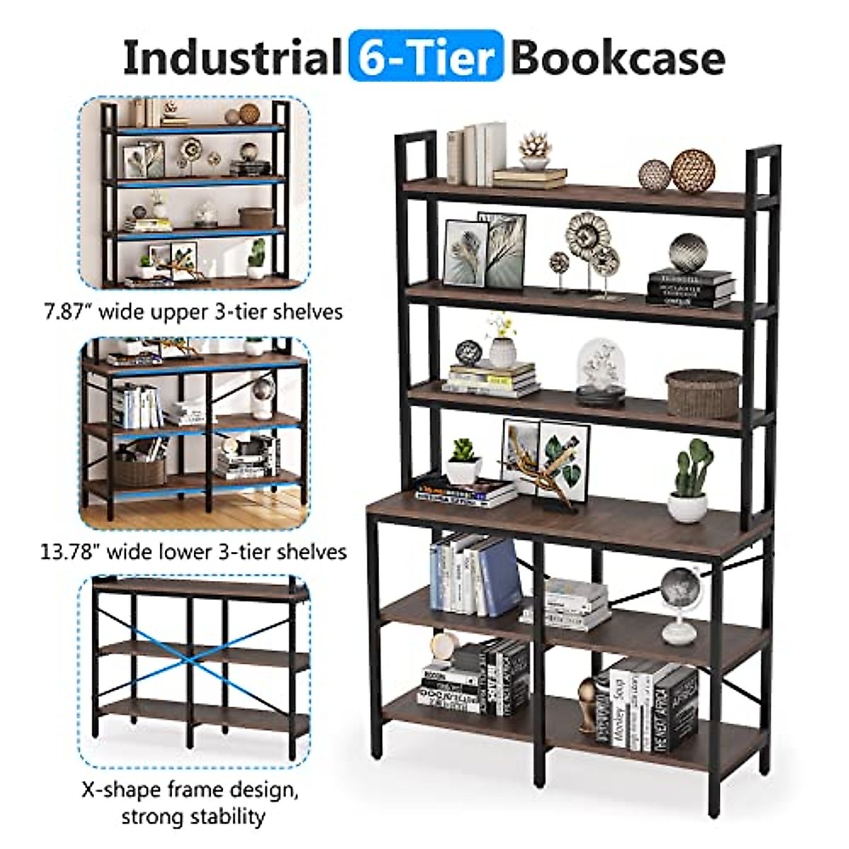 LITTLE TREE 6-Tier Tall Bookshelf with X-Shaped Frame, Industrial Bookcase with Storage, Utility Stand Shelf