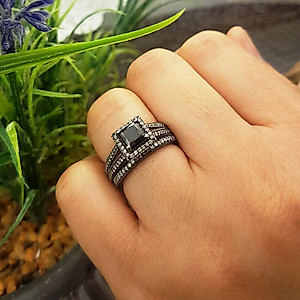 Dazzlingrock Collection 1.35 Carat (Cttw) Princess Black & Round White Diamond Split Shank Halo Wedding Ring Set for Women in Black Plated 14K White Gold, Size 9