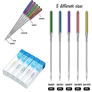 30 Pieces Sewing Machine Needles Universal Regular Point Machine Needles for Singer, Brother, Janome Home Sewing Machine with Size in HAX1 65/9, 75/11, 90/14, 100/16, 110/18 (5 Colors)