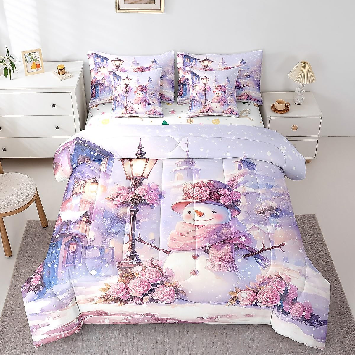 Feelyou Kids Christmas Bed in A Bag Queen Size, Snowman 7 Pieces Bedding Set Boys Girls Snowflake Comforter Set with Sheets Rose Floral Flower Teens Bed Set Bedroom Decor 7Pcs