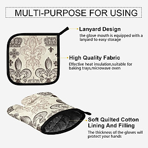 Oyihfvs Heraldic Fleur De Lis Crowns Oven Mitts Pot Holders Sets, Heat Resistant Kitchen Oven Gloves, Potholder Hot Pads for Cooking Baking Microwave Grill