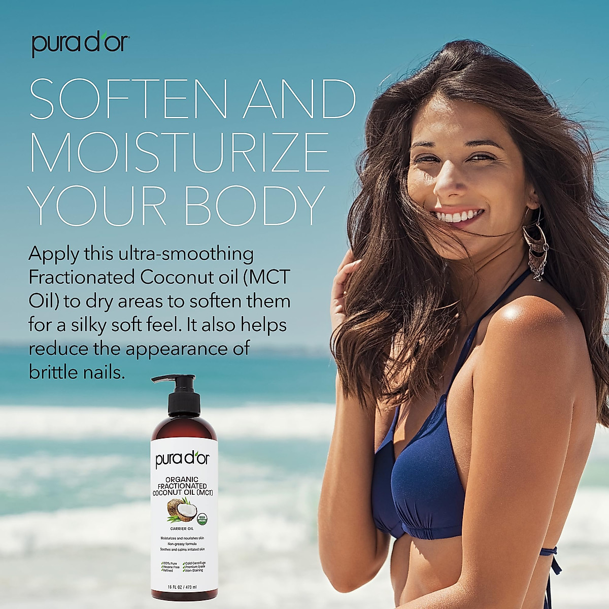 PURA D'OR 16 Oz ORGANIC Fractionated Coconut Oil - MCT Oil - 100% Pure & Natural USDA Certified Cold Pressed Carrier Oil - Unscented, Hexane Free Moisturizer For Face, Skin & Hair Tonic - Men & Women