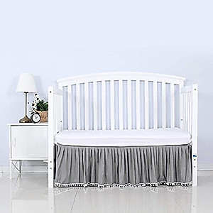 SPRINGSPIRIT Crib Skirt with Lovely Pompoms & Diaper Organizer Hanging Diaper Stacker Light Grey