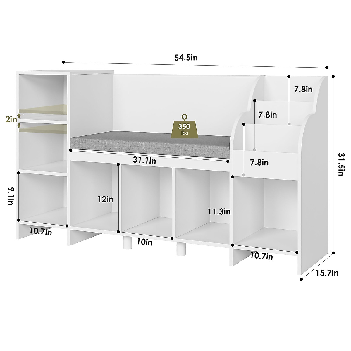 HOSTACK Kids Reading Nook, Nursery Bookshelf and Bookcase with Bench, Book Shelf Organizer with Seat Cushion and 6 Storage Cubbies for Playroom, Bedroom, White