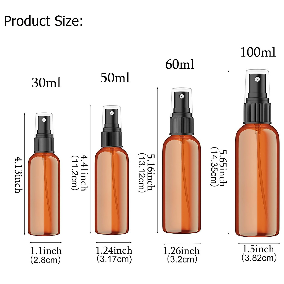 SEVENHEAD Amber Plastic Essential Oil Spray Bottle Four Size - 1oz, 1.7oz, 2oz and 3.4oz, Small Spray Bottle with Plastic Sprayer - Set of 4