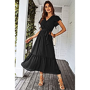 PRETTYGARDEN Women's 2023 Floral Boho Dress Wrap V Neck Short Sleeve Belted Ruffle Hem A-Line Flowy Maxi Dresses (Solid Black,Large)