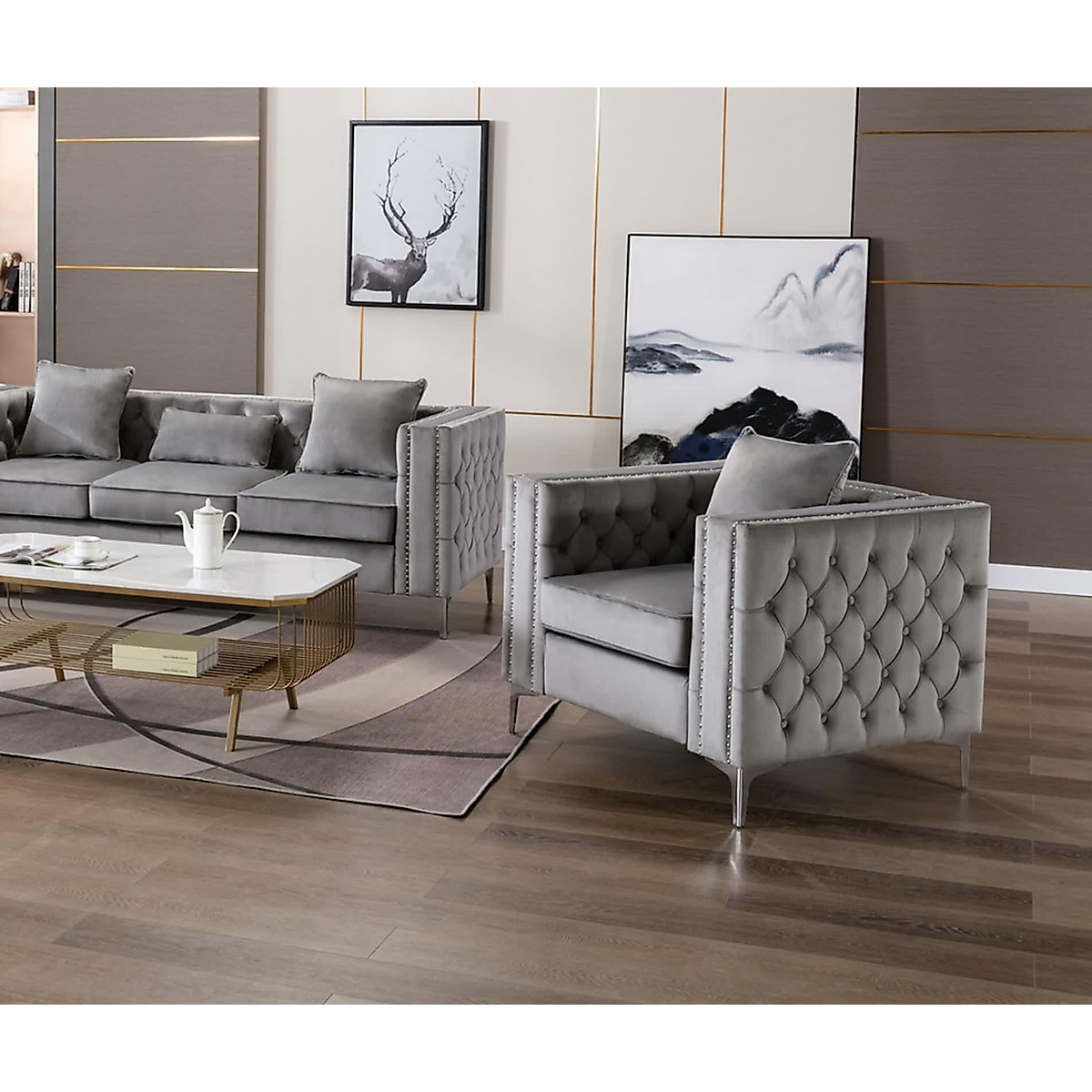 Dsnyu Accent Chair Gray, Modern Living Room Chairs Armchair Velvet Comfy Home Furniture 34" L X 40" W X 30" H