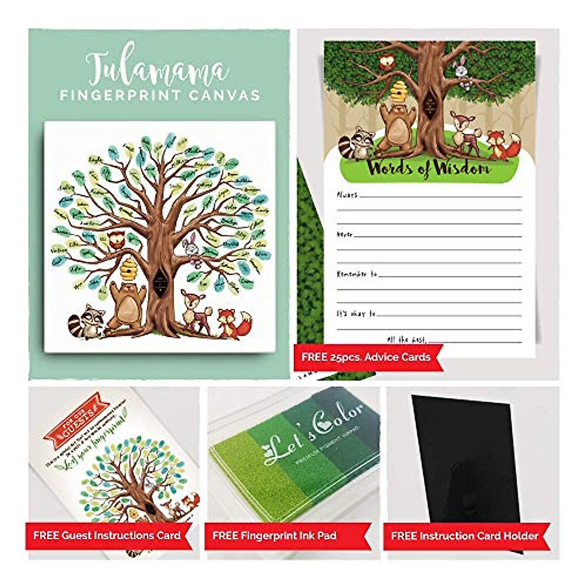 Fingerprint Tree Canvas - The Alternative to A Baby Shower Guest Book - with 25 Complimentary Good Advice Cards & Ink, Woodland