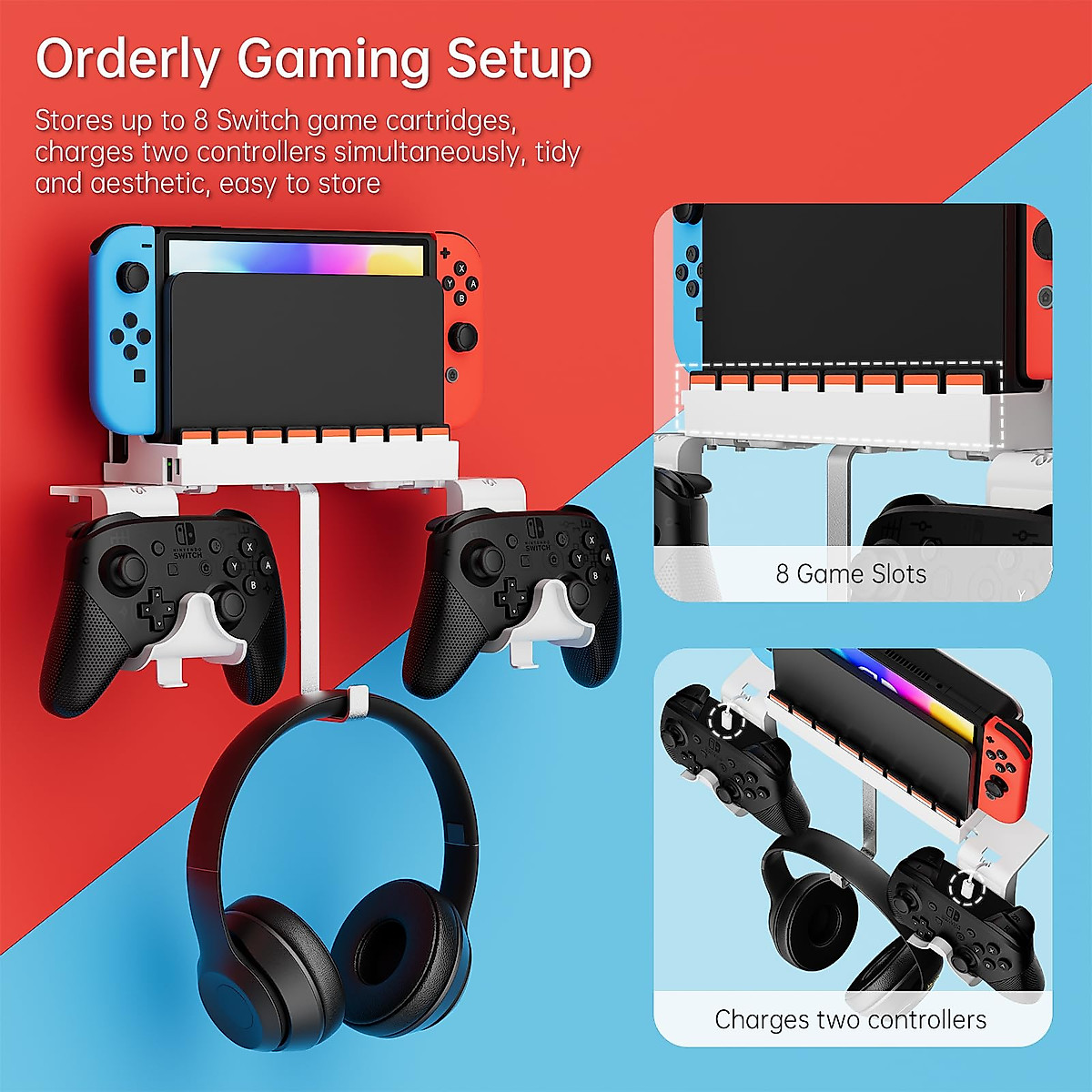 Hosanwell Switch Wall Mount, Wall Mount for Switch/Switch OLED, with Hooks for Hanging Joy-Cons, Dual Controller Holder with Non-Slip Mat, White