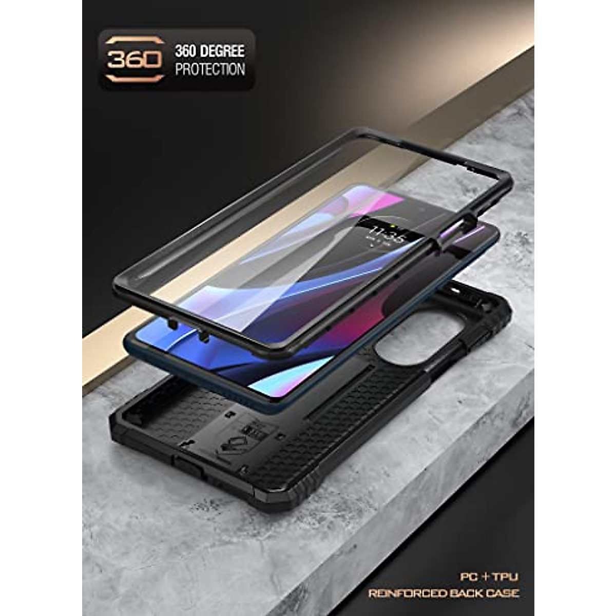 Poetic Revolution Case for Moto Edge Plus 5G 6.7" (2022) / Edge+ 5G UW (2022), Model # XT2201, Full-Body Rugged Shockproof Protective Cover with Kickstand and Built-in-Screen Protector, Black