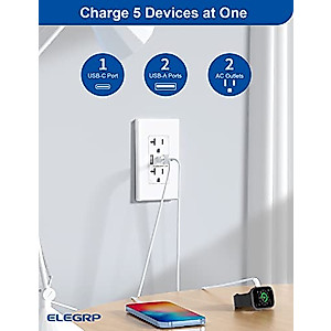 ELEGRP USB Wall Outlets, 3-Ports USB C Wall Outlets Receptacles, Matte White 20 Amp Outlets with USB Ports, TR Tamper-Resistant USB Outlets, Screwless Wall Plate Included, UL & CUL Listed, 6 Pack