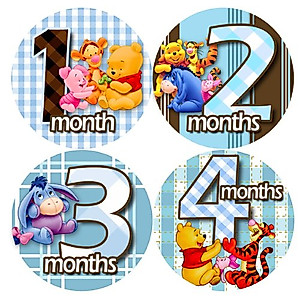 onthly Stickers | Blue Winnie Pooh Baby Milestone Sticker | Infant Newborn Boy Photo Prop | Month Bodysuit Stickers for Babies | Cute Winnie Pooh Friends Newborn Monthly Milestones (Set of 12)