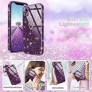 Qviskteme for iPhone XR Case Cute,Clear Glitter with [1 x Tempered Glass Screen Protector] Sparkly Bling Shockproof Bumper Protective Soft Silicone Phone Cover Case for Women Girls(Dark Purple)