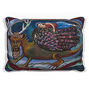 Northwest Art Mall My Dragon: Colorful Imaginary Portrait with Woman Artist Faux Suede Sofa Throw Pillow from Oil Painting by Folk Artist Libby Hoagland 13" x 19".