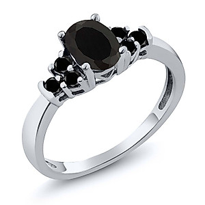 Gem Stone King 925 Sterling Silver Oval Black Onyx and Black Diamond Women's Bridal Wedding Ring (0.59 Cttw, Gemstone Birthstone, Available In Size 5, 6, 7, 8, 9)