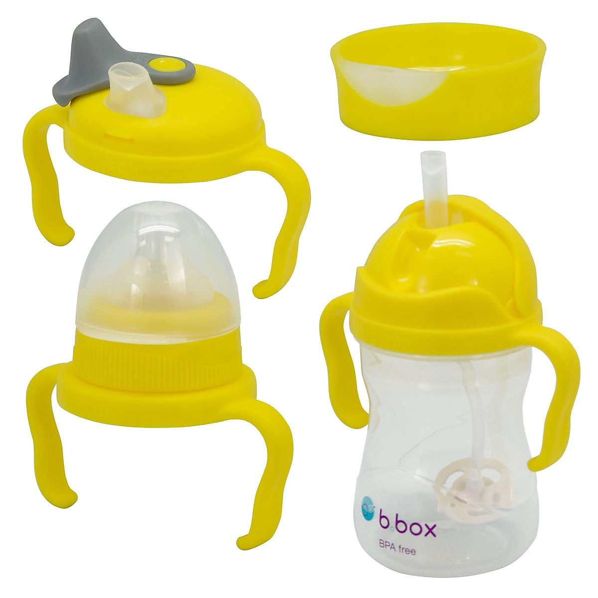 b.box Bottle to Cup Transition Pack - Includes 4 Lids (Nipple, Spout, Straw, Training Cup Lid), BPA-Free, Dishwasher-Safe, Ages 4+ Months (Lemon, 8oz)