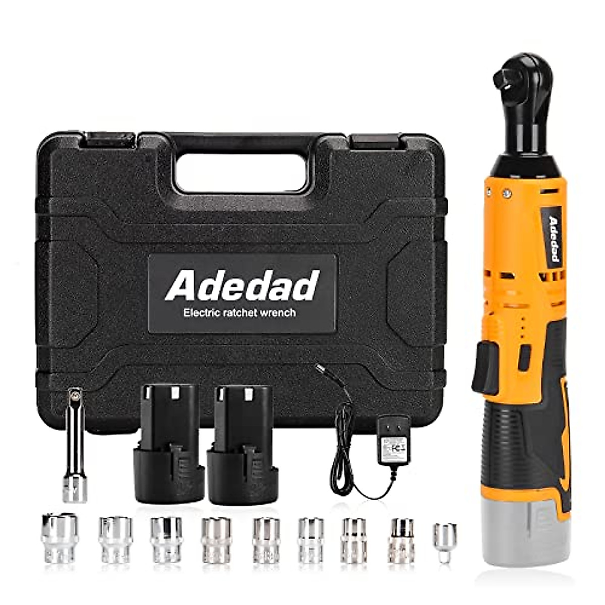 Adedad Cordless Electric Ratchet Wrench Set, 3/8" Power Ratchet Wrench, 40 Ft-lbs 400RPM 12V Battery Ratchet Tool Kit with 2 Pack 2.0Ah Lithium-Ion Battery and 1 Fast Charger