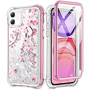 Caka Case for iPhone 11 Glitter Case Flower Bling Liquid Protective Full Body Heavy Duty with Built in Screen Protector Love Glitter Pink Blossom for Women Girl Case for iPhone 11 (6.1 inch)(Cherry)