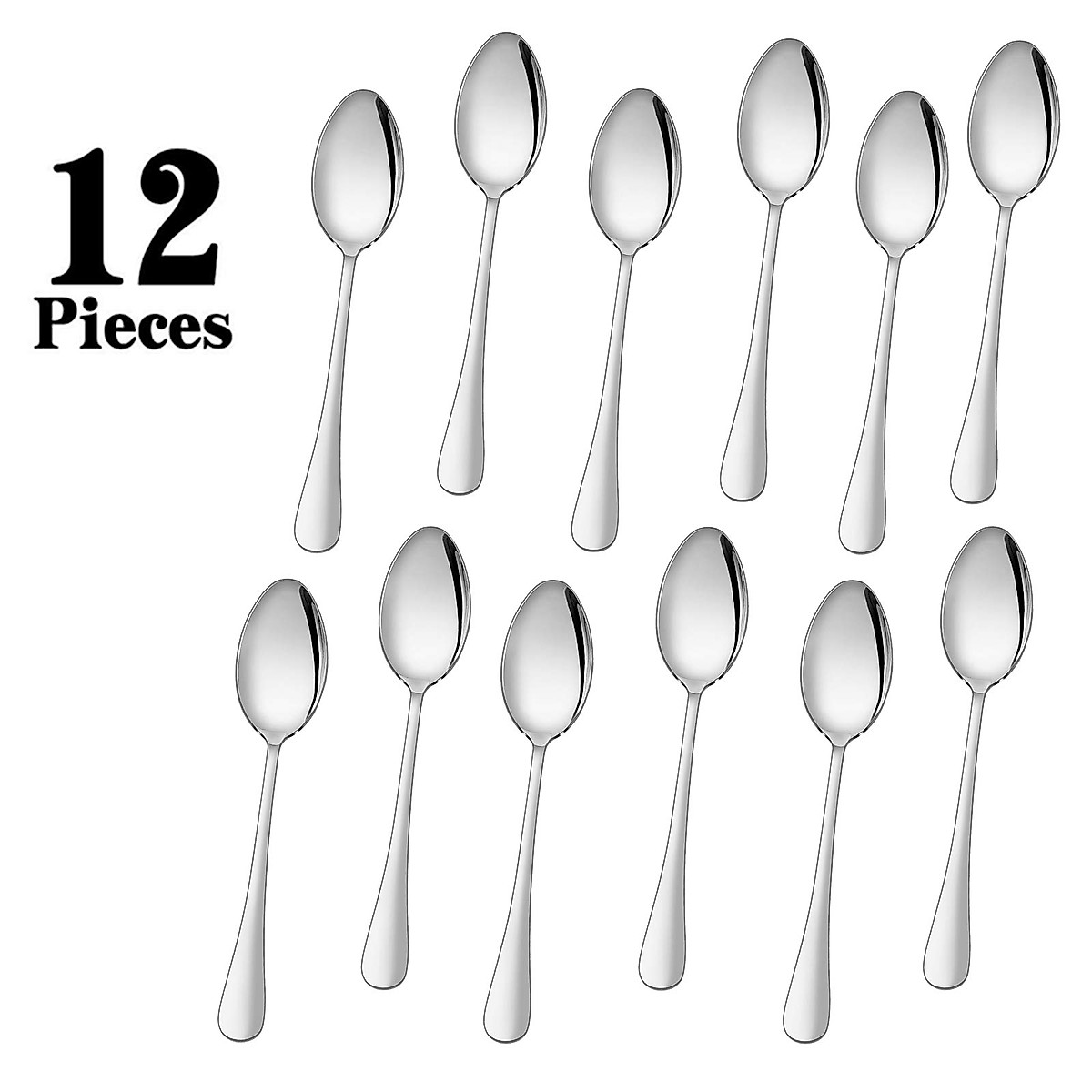 E-far Stainless Steel Teaspoons Set of 12, Modern Silverware Flatware Dessert Spoons for Home, Kitchen, Restaurant, Round Edge & Mirror Polished, Dishwasher Safe - 6.7 Inches