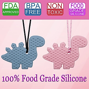 Sensory Chew Necklaces for Kids, Boys, and Girls - 2 Pack Dinosaur Silicone Chewy Toys for Autism, ADHD, SPD, Oral Motor Chewing Necklaces for Adults