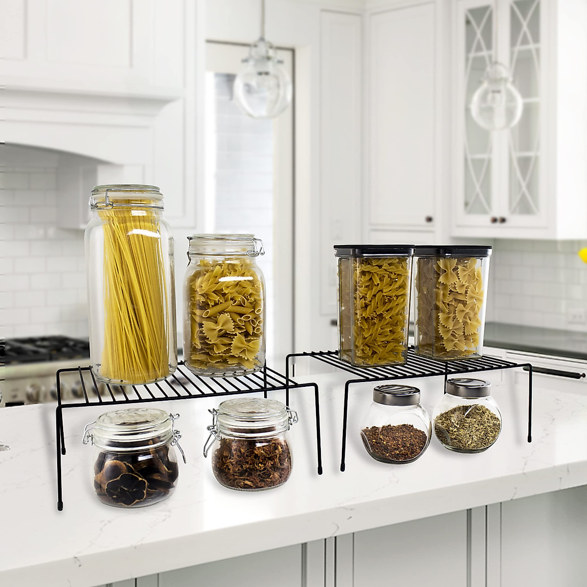 COMELYJEWEL 4pcs/pack Medium - L 13" x W 9" x H 5.1" Non-Slip Feet Black Cabinet Storage shelves Shelf organizer Rack Steel Metal Wire Counter & Pantry Home Kitchen Drawer Organizer , Medium