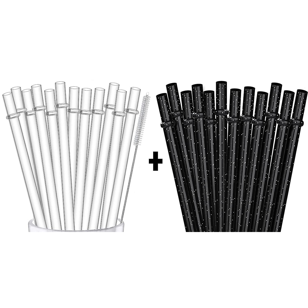 ALINK 12 Reusable Clear Straws + 12 Black Glitter Straws