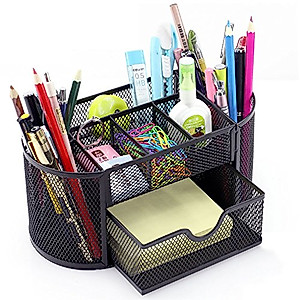 MONBLA Desk Supplies Organizer Multi-functional Stationery Caddy Mesh Oval Pencil Holder Desk Office Supplies Organizer 9 Compartments with Drawer for Note Pads Black
