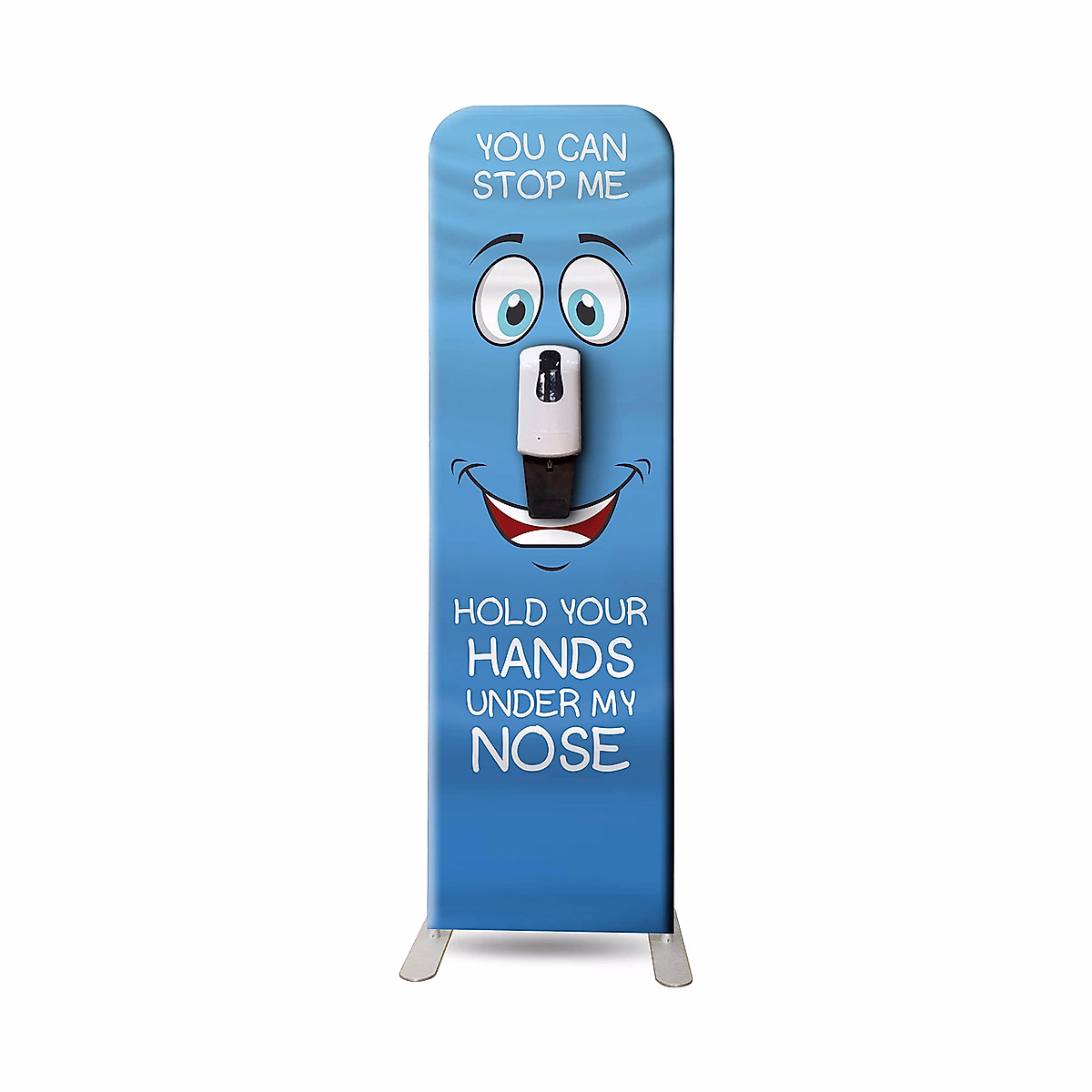 BannerBuzz Hand Sanitizer Automatic Dispenser Floor Stand Kit Touchless Machine Hold Your Hands Fabric Banner+ Stand for Hospital, Home, School, Office - 2 X 6.5 Ft (Single Side Graphic Print)