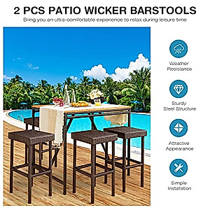 Tangkula Outdoor Bar Stool Set of 2, Patio Rattan Bar Chairs W/Galvanized Steel Frame, Anti-Slip Footpads & Cozy Footrests, Bar Height Chairs for Poolside, Outdoor Bar, Backyard (1, Mix Brown)