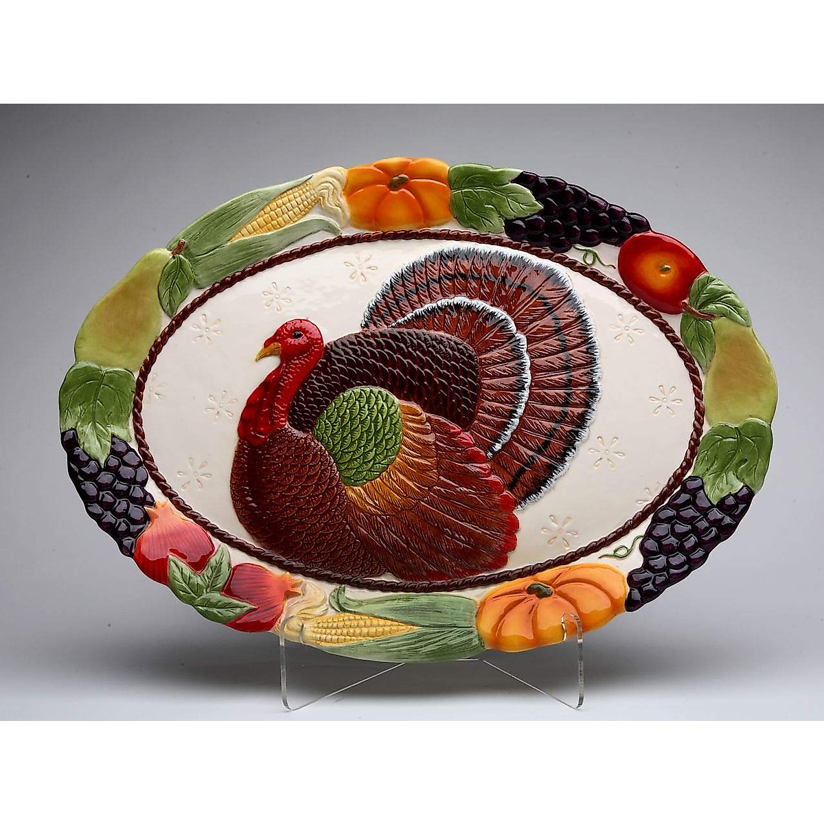 Fine Ceramic Thanksgiving Harvest Turkey with Pumpkin, Corn, Grapes, Apple & Pear Designs Platter, 12-3/4" * 18"