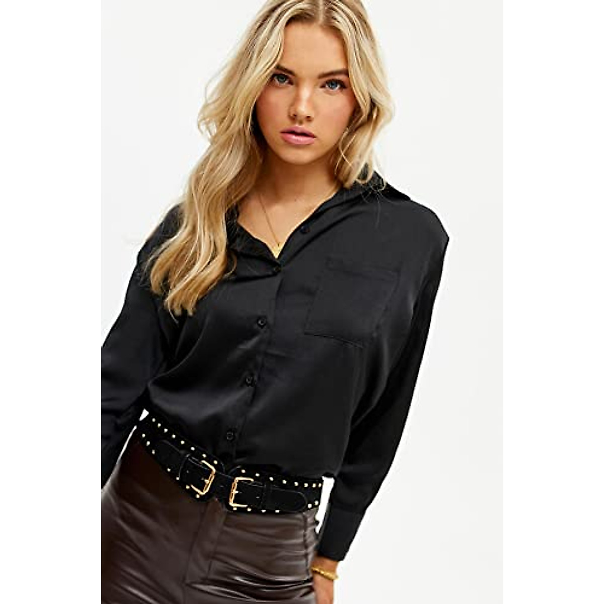 Pausus Women's Silk Button Down Shirts for Women Long Sleeve Business Office Black Satin Blouses Tops with Pocket（Black,S）