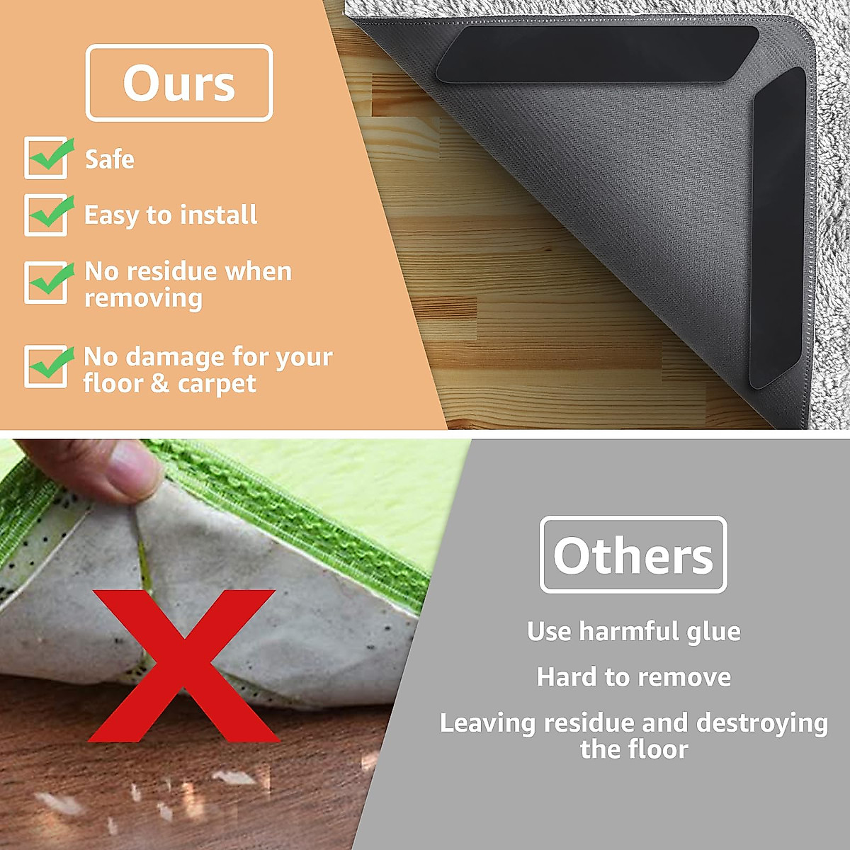 ZONGOOL 12 PCS Rug Tape, Reusable Washable Carpet Tape, Double Sided Non-Slip Rug Pads for Hardwood Floors, Rug Stoppers for Area Rugs, Black