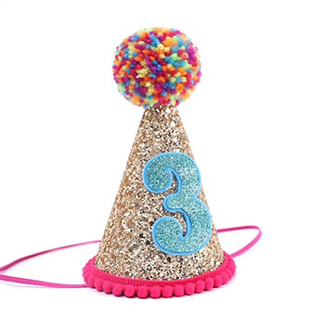 Baby's Cone Hat for 3rd Birthday Celebration - Colored Fur Balls Glitter Crown Cap with Handmade Details for Girls/Boys