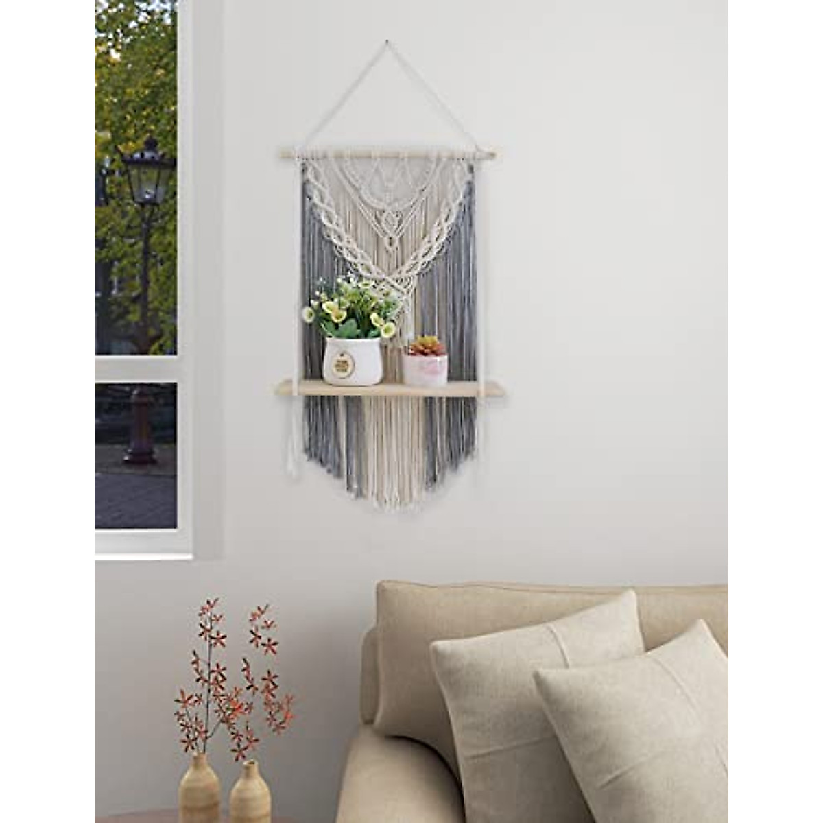 Shampsen Macrame Hanging Shelf Grey Floating Shelves Rope Shelf for Wall Hanging Plants Grey Boho Decor for Bedroom Living Room, Gift for Housewarming, 1 Tier