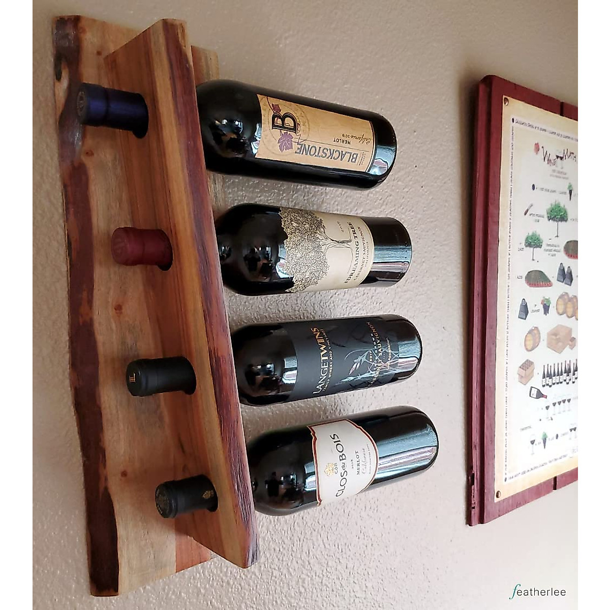 Featherlee - Natural Live Edge Wall Mount Wine Rack for 4 Bottles