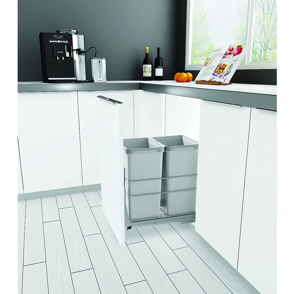 IMEX - 30 Qt./7.5 Gal Pull Out Under Mount Waste Container - Kitchen Trash Garbage Can & Bin for Under Counter Cabinet - Plastic Dustbin Mountable Basket (Gray, Double)