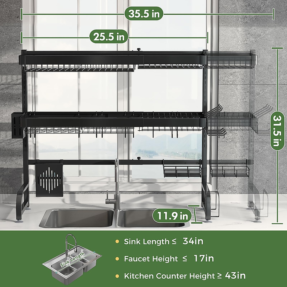 BOOSINY Over Sink Dish Drying Rack 3 Tier Full 304 Stainless Steel Above Sink Dish Drainer for Kitchen Shelf, Expandable Over The Shelf Storage Organization (Black - 25.5"-35.5")